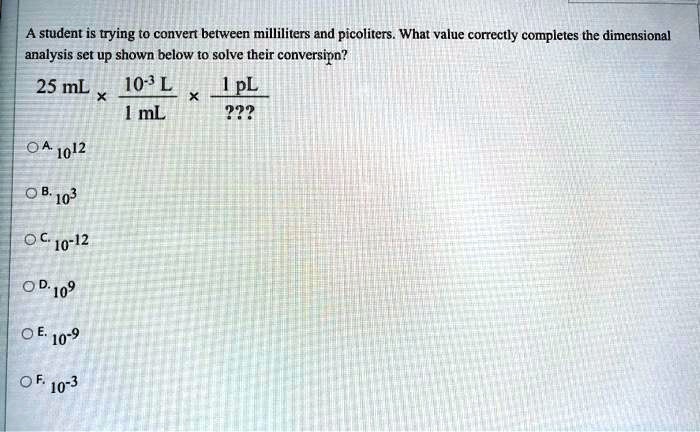 a student is trying to convert between milliliters and picoliters what ...