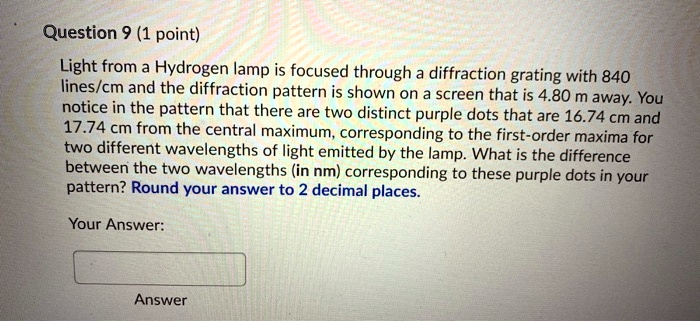 SOLVED: Question 9 (1 point) Light from a Hydrogen lamp is focused ...