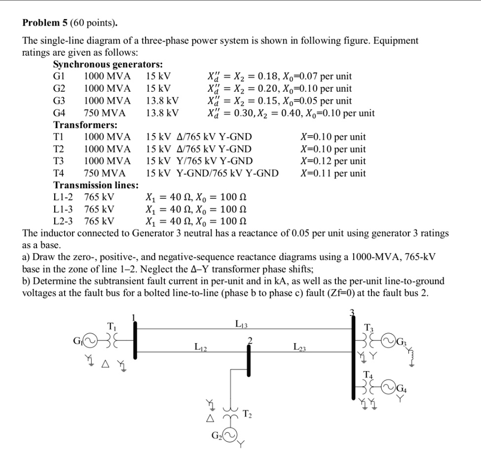 problem 5 60 points the single line diagram of a three phase power system is shown in the ...