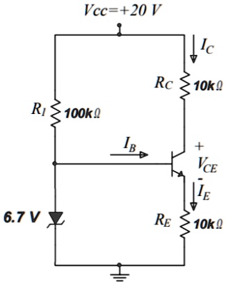 Vcc=+20 V R1 100k? IC RC 10k? IB + VCE IE 6.7 V RE 10k?