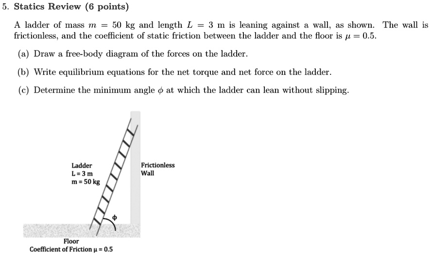 5. Statics Review (6 points) A ladder of mass m = 50 kg and length L = 3 m is leaning against a ...