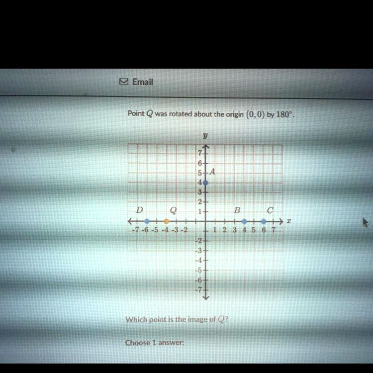 SOLVED: 'Point Q was rotated about the origin (0,0) by 180°. y D Q 21 6+ sta 4 3+ 2+ 1+ B C + 3 ...