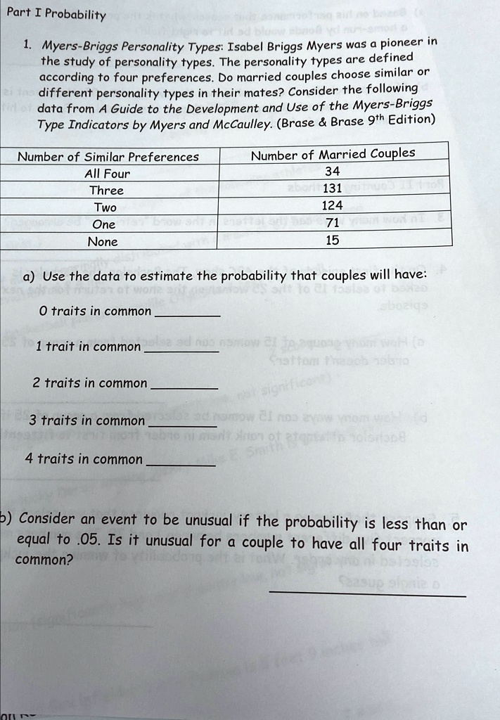 Part I Probability 1. Myers-Briggs Personality Types: Isabel Briggs ...