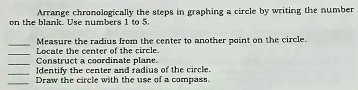 SOLVED: Arrange chronologically the steps in graphing circle by writing ... SOLVED: Arrange chronologically the steps in graphing circle by writing ...