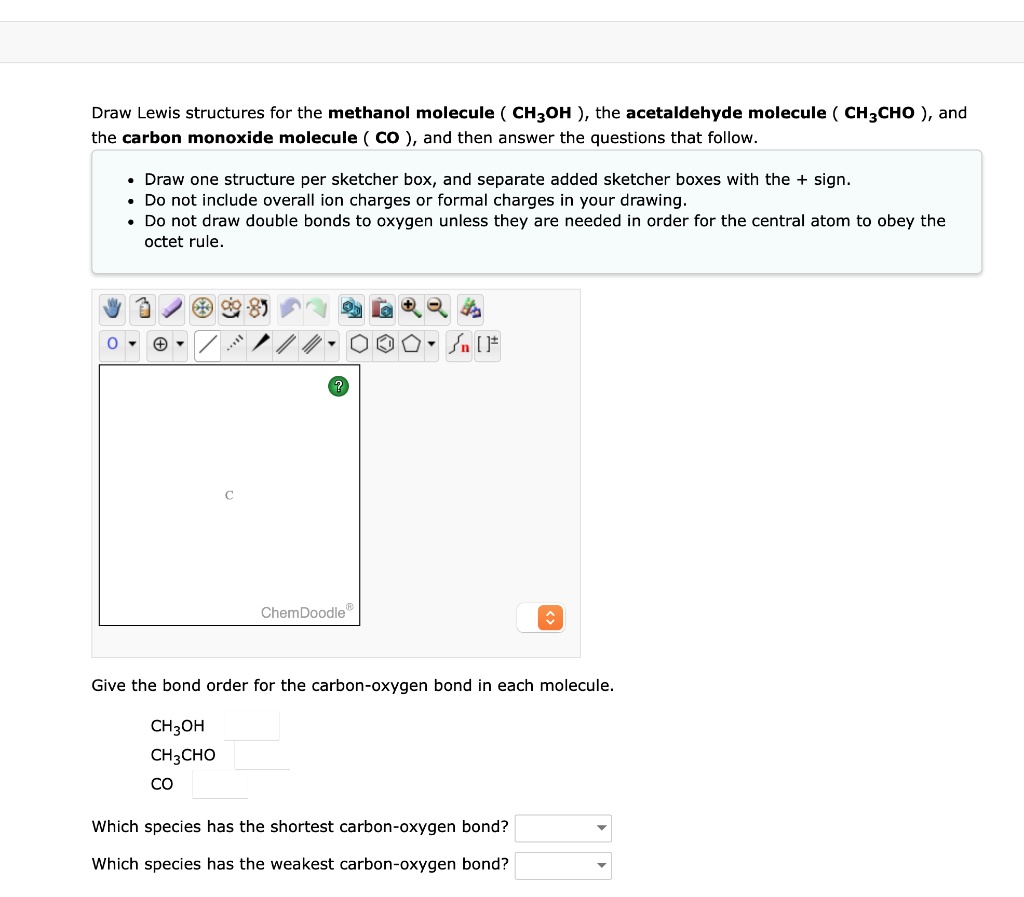 SOLVED: Draw Lewis structures for the methanol molecule CH3OH, the acetaldehyde molecule CH3CHO ...
