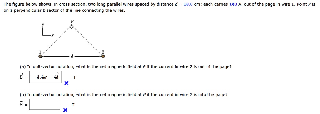 the figure below shows in cross section two long parallel wires spaced by distance d 180 cm each ...