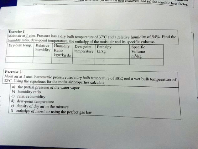 Exercise 1 Moist air at 1 atm. Pressure has a dry bulb temperature of ...