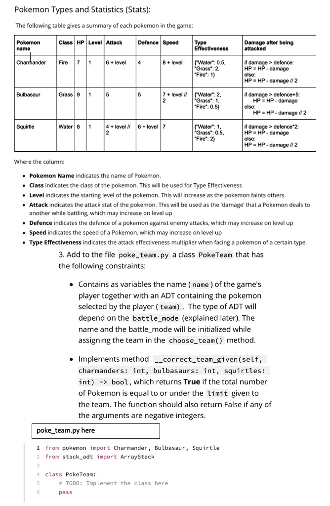 SOLVED: Pokemon Types and Statistics (Stats): The following table gives ...