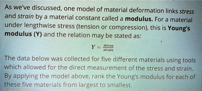 As we've discussed, one model of material deformation links stress and ...