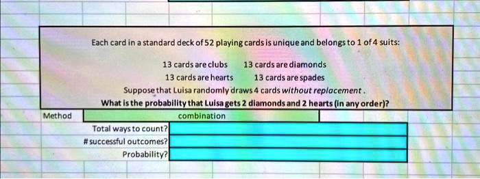 SOLVED: Texts: What is the probability that Luisa gets 2 diamonds and 2 ...