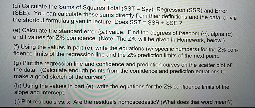 (d) Calculate the Sums of Squares Total (SST = Syy), Regression (SSR ...