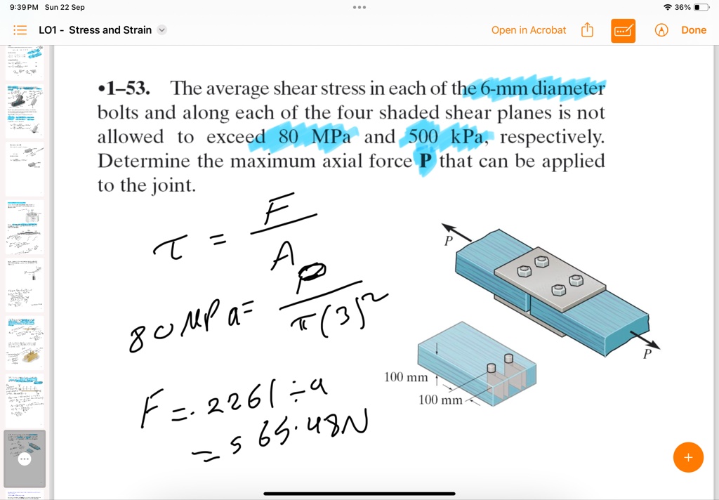 •1-53. The average shear stress in each of the 6-mm diameter bolts and ...