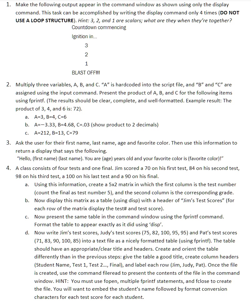 Solved Matlab Question Topic Inputoutput 1 Make The Following Output Appear In The Command 9842