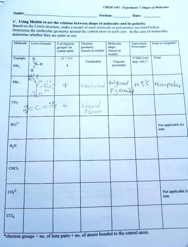 chem 1405 experiment 7 shapes of molecules name section date c using ...