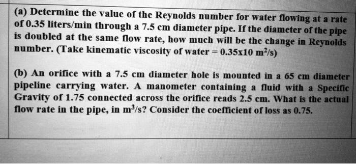 SOLVED: a. Determine the value of the Reynolds number for water flowing ...
