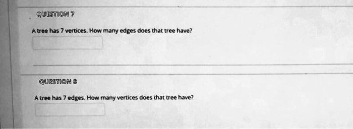 QUESTION: A tree has " vertices. How many edges does that tree have? QUESTION: A tree has edges ...