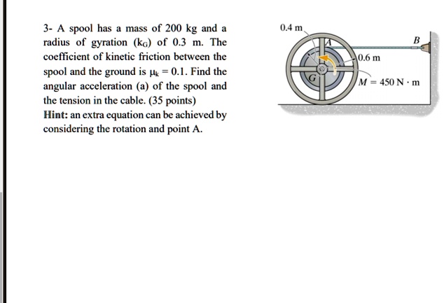 A spool has a mass of 200 kg and a radius of gyration (kG) of 0.3 m ...