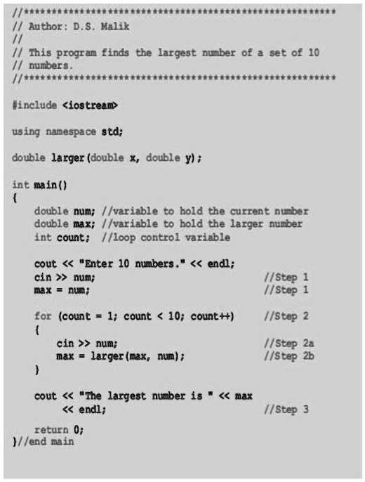 Author: D.S. Malik // // This program finds the largest number of a set of 10 // numbers ...