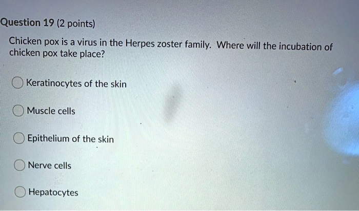 question 19 2 points chicken pox is a virus in the herpes zoster family ...