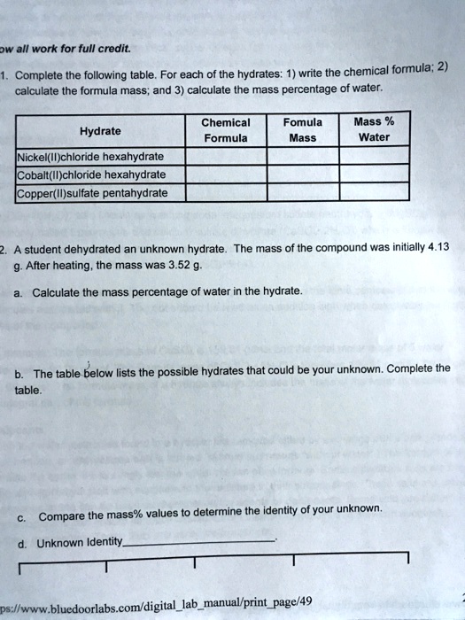 SOLVED: Ow all work for full credit: Complete the following table. For ...