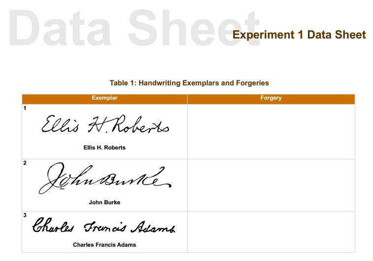 SOLVED: Data She Experiment Data Sheet Table 1: Handwriting Exemplars ...