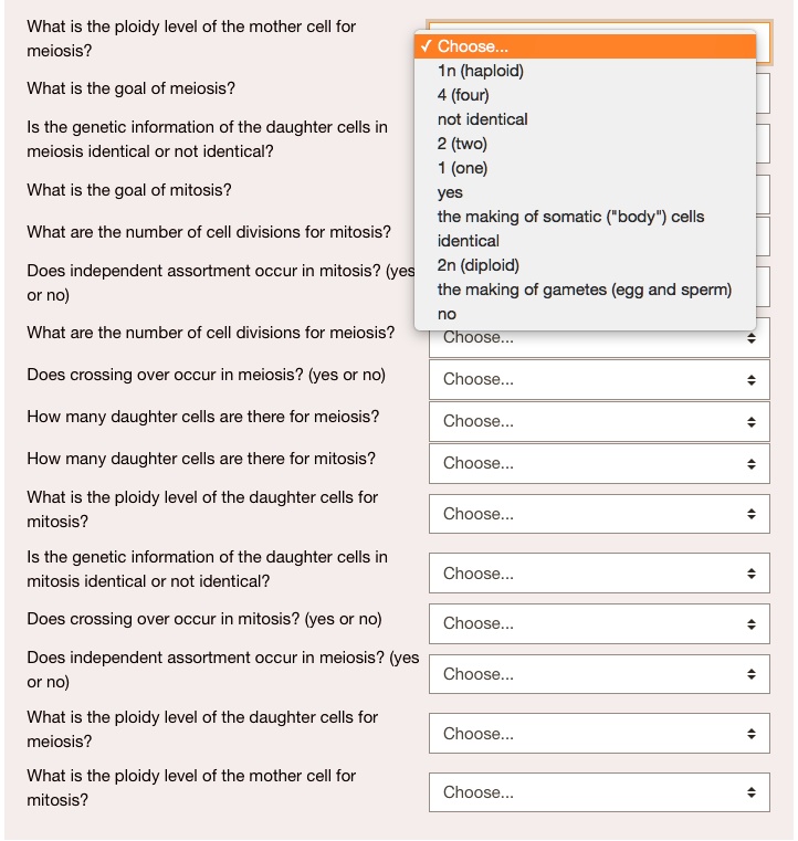 SOLVED: What is the ploidy level of the mother cell for meiosis? Choose ...