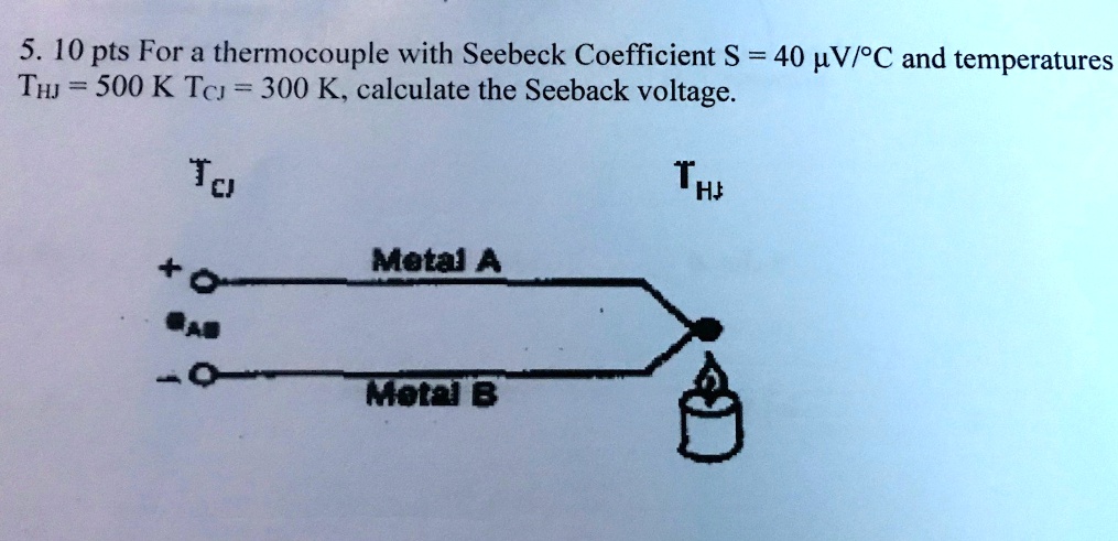 5. 10 pts For a thermocouple with Seebeck Coefficient S = 40 µV/°C and ...