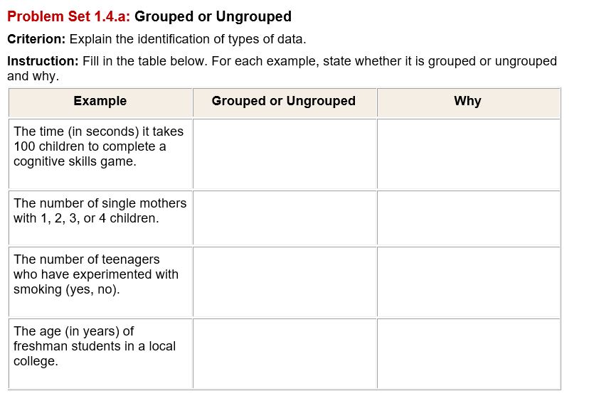 SOLVED: Problem Set 1.4.a: Grouped or Ungrouped Criterion: Explain the identification of types ...