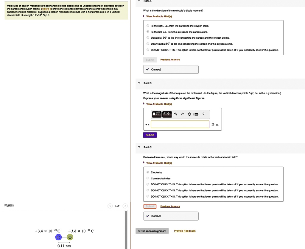 SOLVED: Part B What is the magnitude of the torque on the molecule? (In the figure, the vertical ...