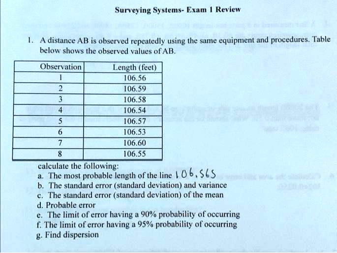 Surveying Systems-Exam 1 Review I.A distance AB is observed repeatedly ...