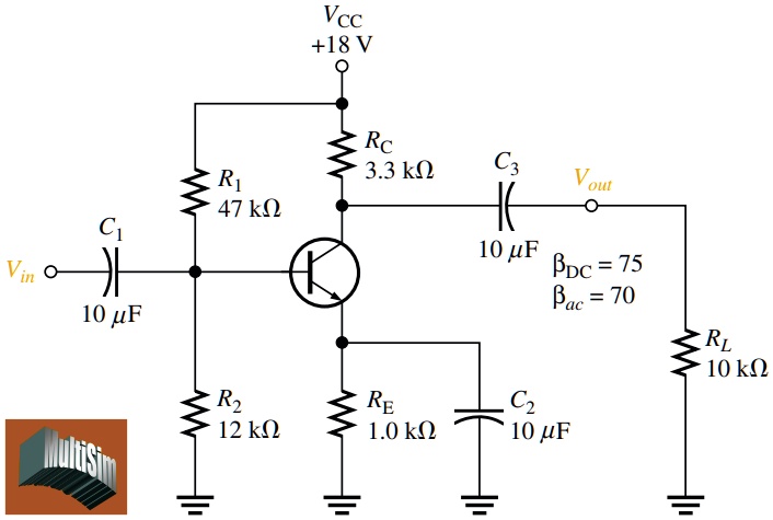 Vin C1 10 μF R1 47 kΩMultisim Vcc +18 V RC 3.3 kΩC3 Vout 10 μF βDC = 75 ...
