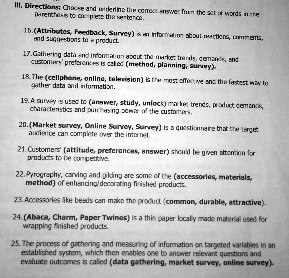 III. Directions: Choose and underline the correct answer from the set ...