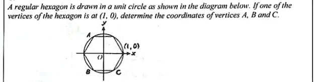 A regular hexagon is drawn in a unit circle as shown in the diagram below. If one of the ...