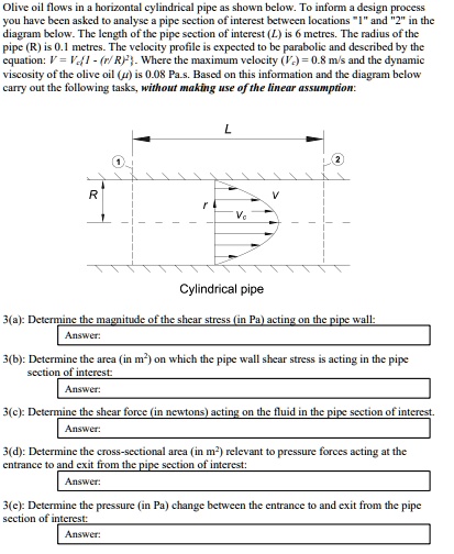 Olive oil flows in a horizontal cylindrical pipe as shown below. To ...