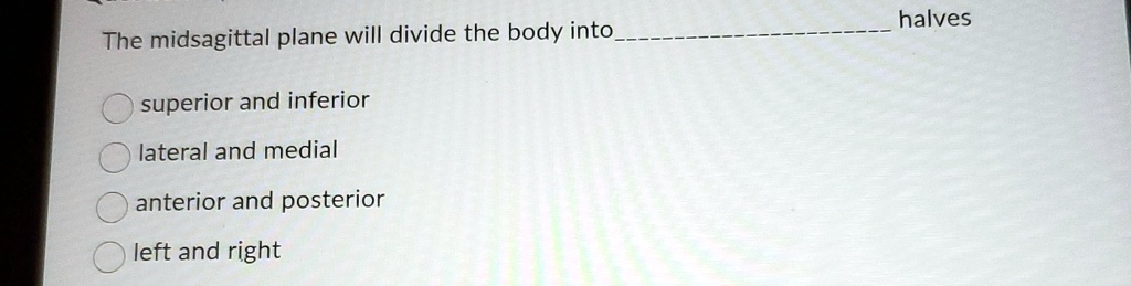 the midsagittal plane will divide the body into halves superior and ...
