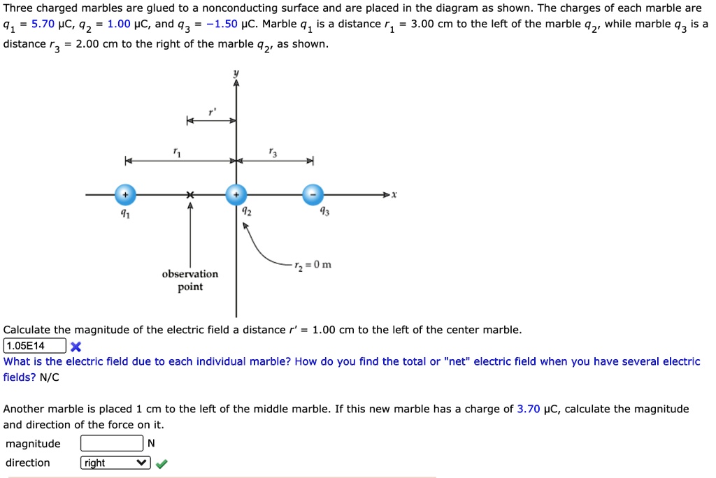 three charged marbles are glued to nonconducting surface and are placed ...