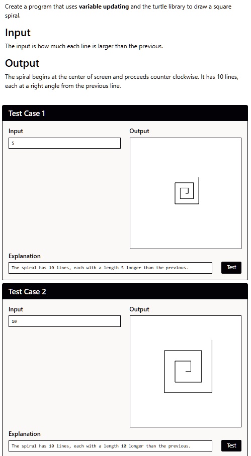 create a program that uses variable updating and the turtle library to ...