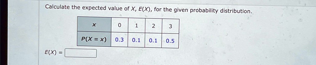 Calculate the expected value of X, E(X), for the given probability distribution. X 0 1 2 3 P(X ...