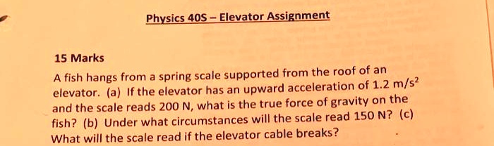 SOLVED: Physics 40S - Elevator Assignment 15 Marks: A fish hangs from a ...