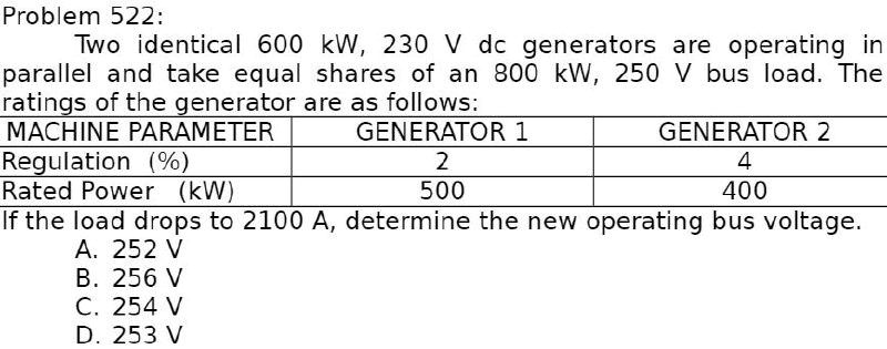 SOLVED: Problem 522: Two identical 600 kW 230 V dc generators are operating in parallel and take ...