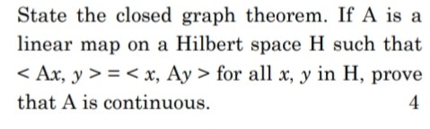 State the closed graph theorem. If A is a linear map on a Hilbert space H such that