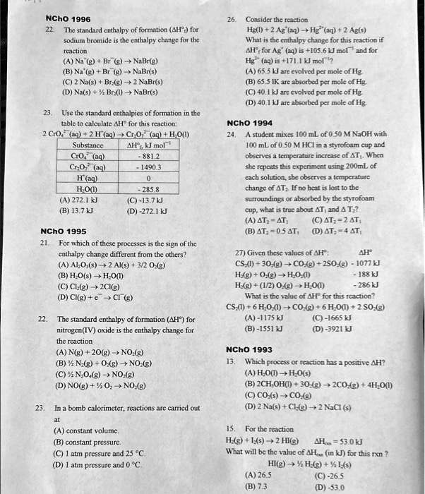 Thermochemistry Please Complete All The Following Multiple Choice Problems Ncho 1996 22 The