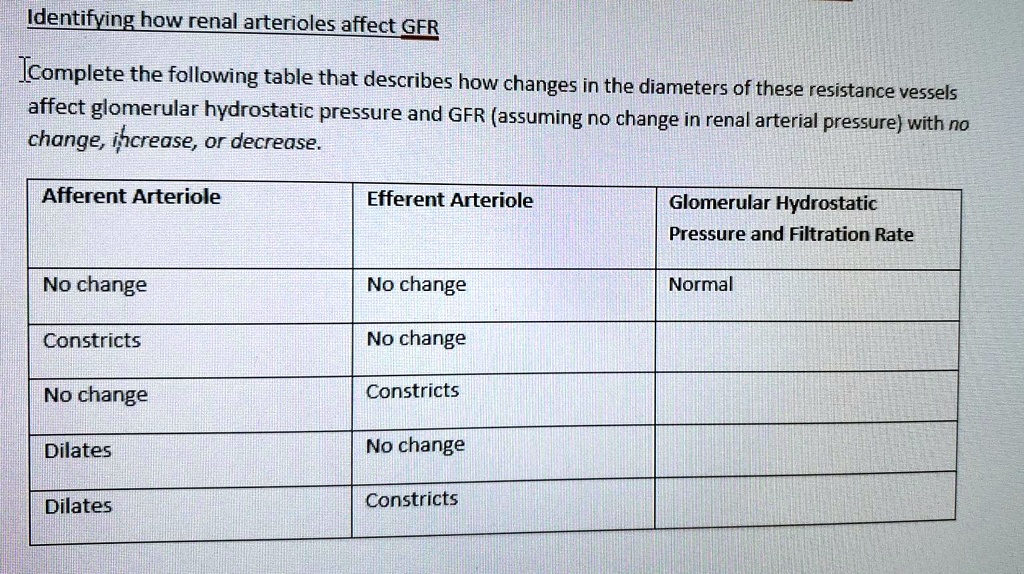 Identifying how renal arterioles affect GFR [Complete the following table that describes how ...