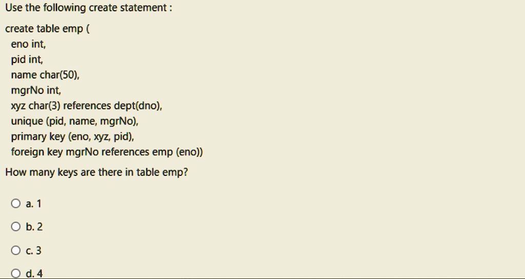 SOLVED: Use the following create statement: create table emp ( eno int, pid int, name char(50 ...