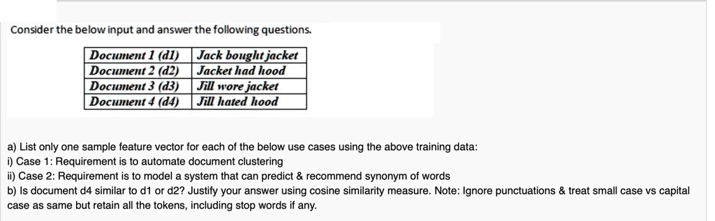 SOLVED: Texts: Consider the below input and answer the following questions Document1(d1 ...