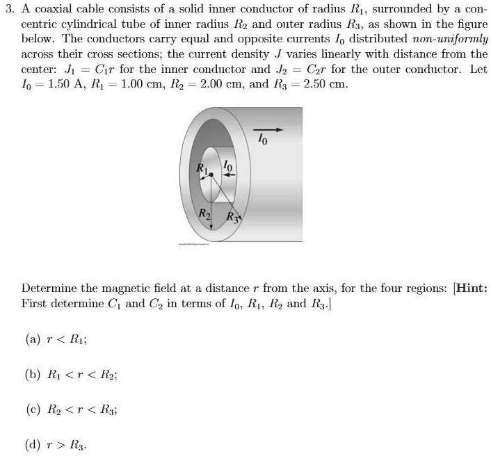 A coaxial cable consists of a solid inner conductor of radius R1 ...