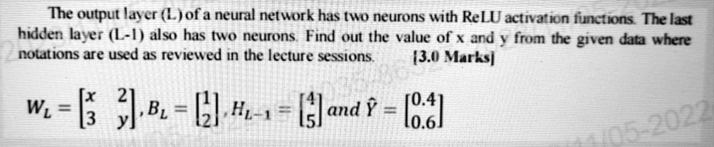 SOLVED: The output layer (L) of a neural network has two neurons with ReLU activation functions ...