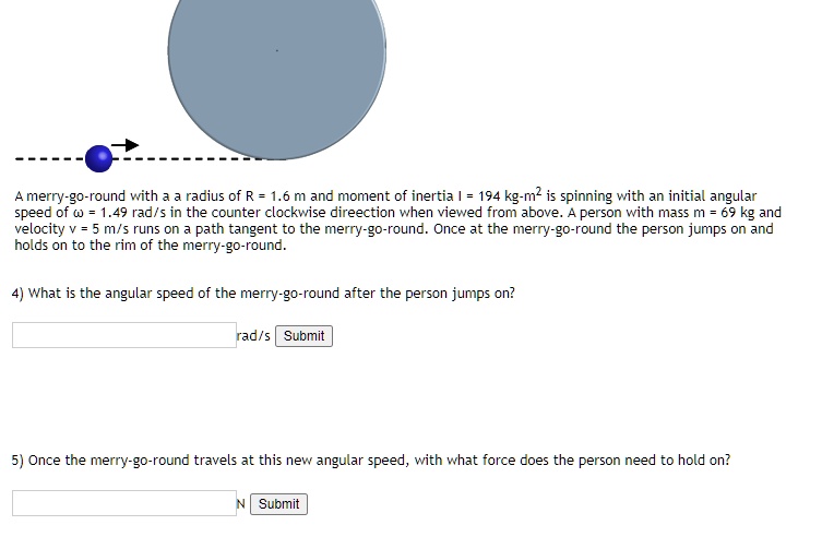 SOLVED:merry-go-round with racius of R = 1.6 m and moment of inertia 194 kg-m? is spinning with ...