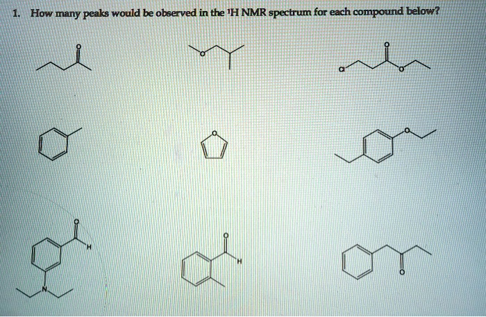 SOLVED: How many peaks would be observed in the 'H NMR spectrum for each compound below?