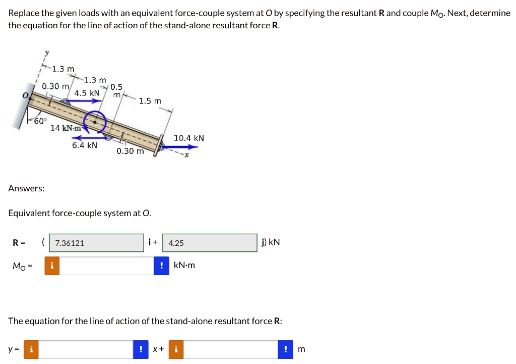 SOLVED: Replace the given loads with an equivalent force-couple system at O by specifying the ...